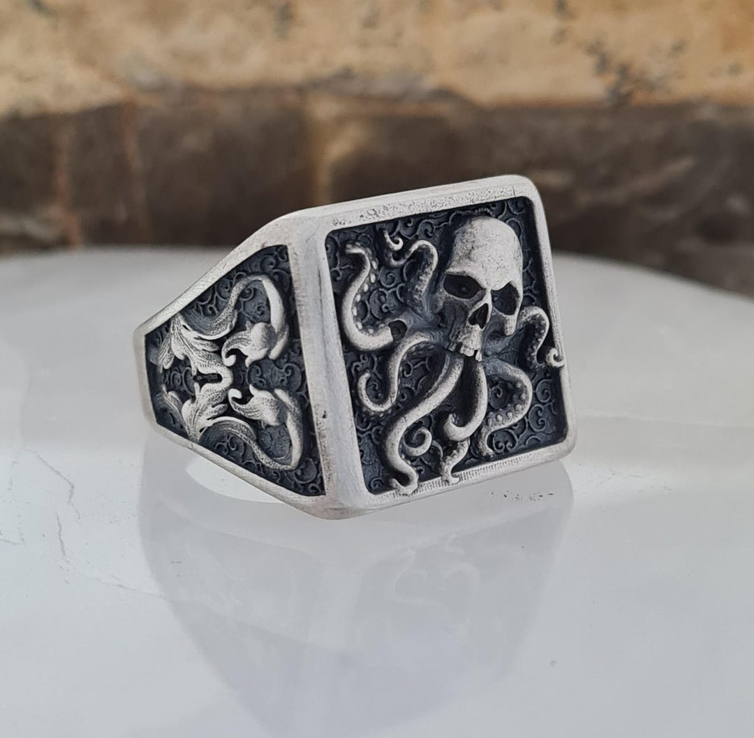 Skull Octopus Ring: Handmade 925 Sterling Silver Kraken Tentacle Signet ...