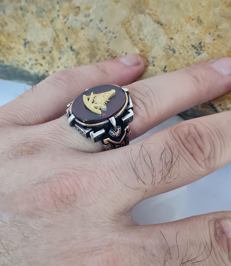 Sterling Silver Masonic Ring: Garnet Zircon Compass & Square - Vintage ...