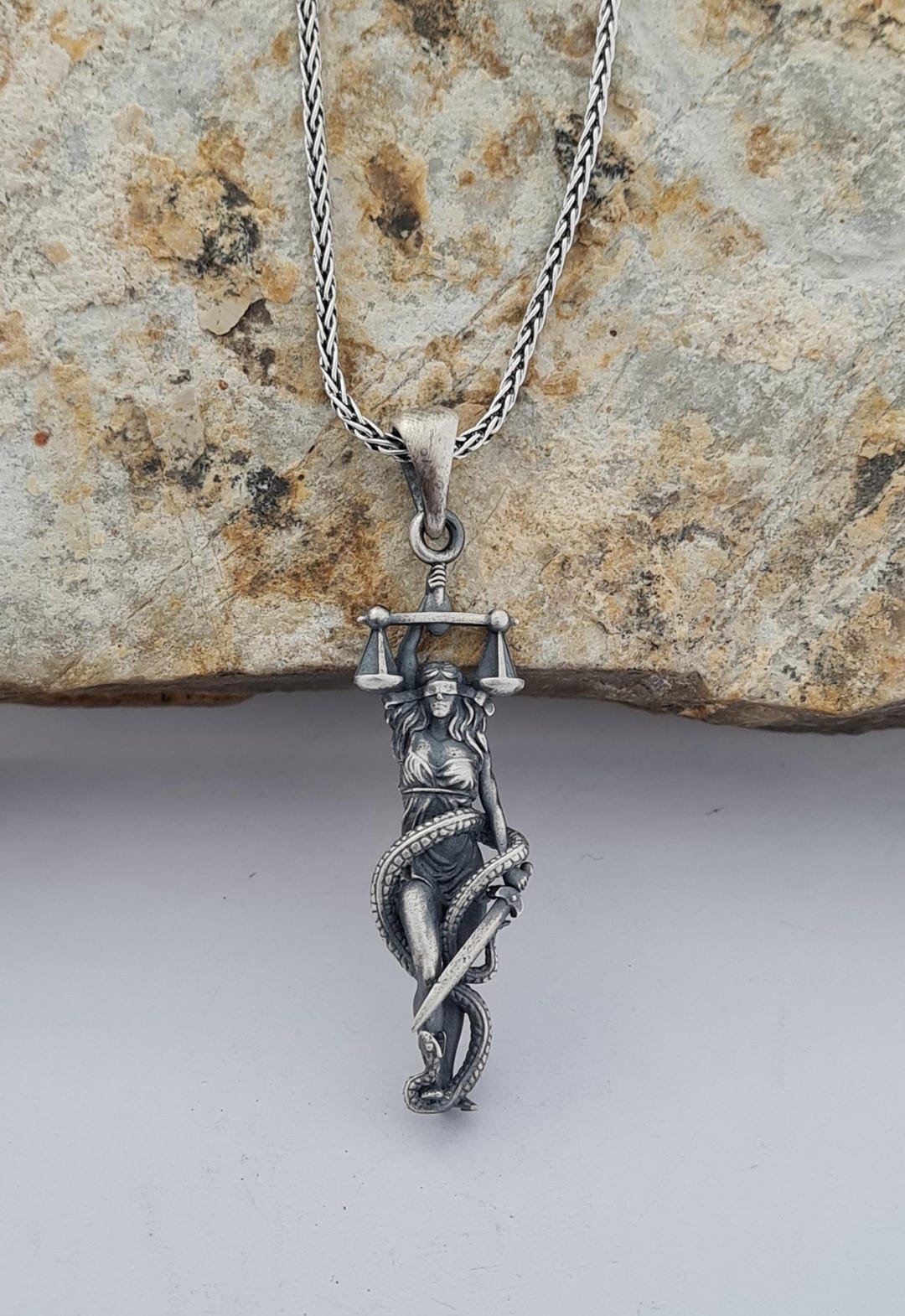 Handcrafted Sterling Silver Lady Justice Necklace: Oxidized Vintage ...