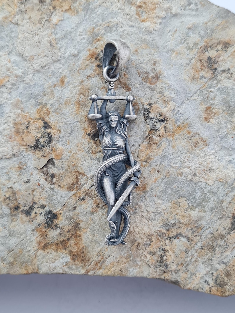 Handcrafted Sterling Silver Lady Justice Necklace: Oxidized Vintage ...