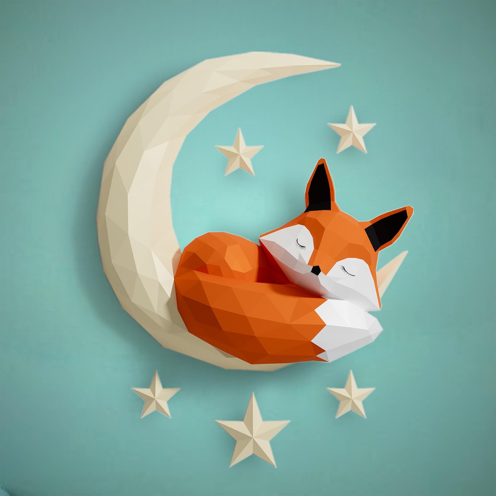 3D Paper Fox Sculpture – Sleeping Fox on Crescent Moon – Handmade Wall ...