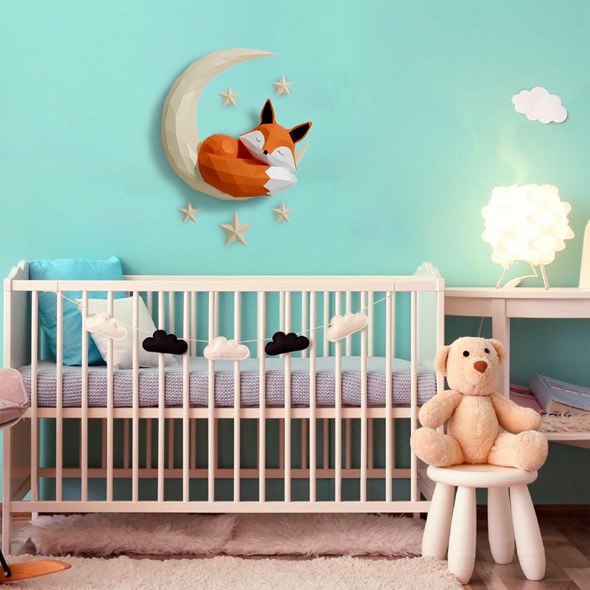 3D Paper Fox Sculpture – Sleeping Fox on Crescent Moon – Handmade Wall ...