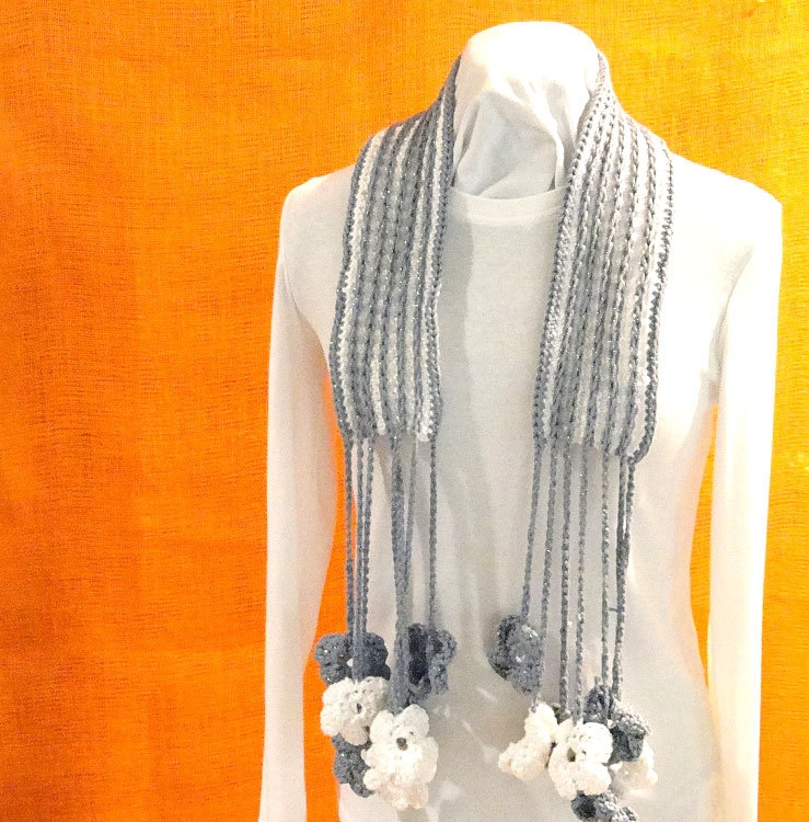Crocheted Flower Scarf Pattern Striped Crochet Scarf Pattern - Etsy