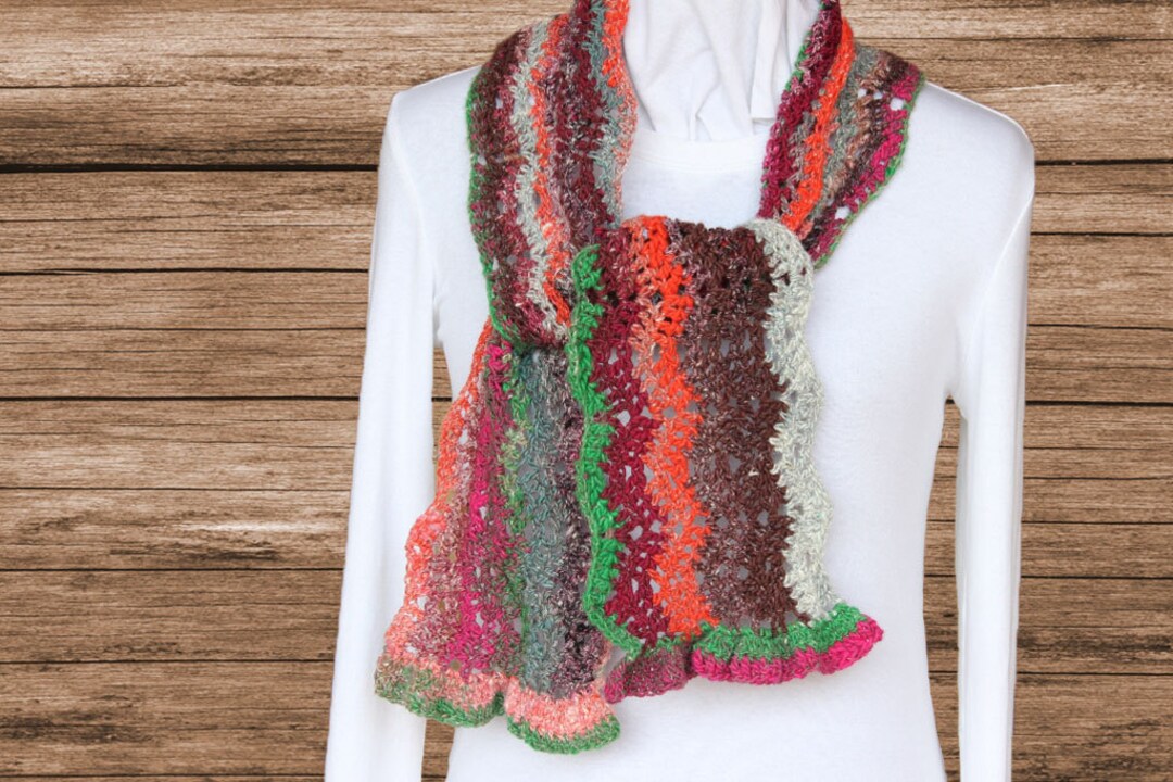 Crochet Scarf Pattern, Wavy Ripple Crocheted Scarf With Ruffled Ends ...