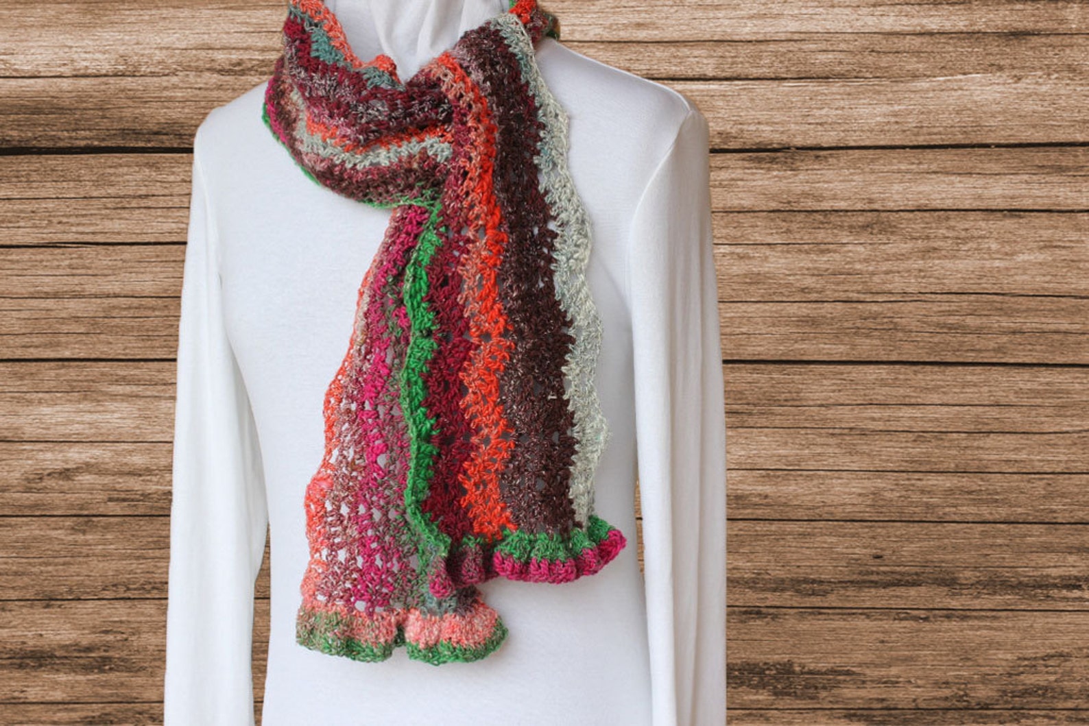 Crochet Scarf Pattern, Wavy Ripple Crocheted Scarf With Ruffled Ends ...