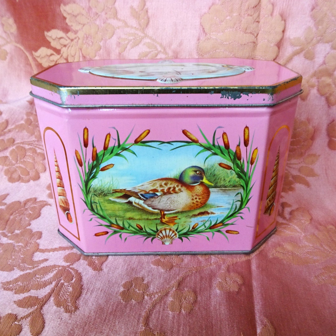 Vintage English PINK Biscuit Tin,hinged Lid ,canister Tin,embossed Swan ...