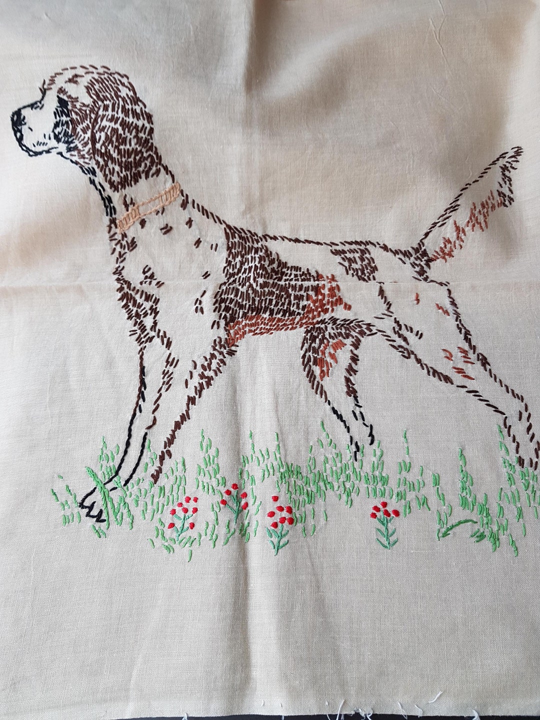 ANTIQUE Embroidered Pillow Cover, Hunting Dog, Pointer Dogs, Embroidery ...