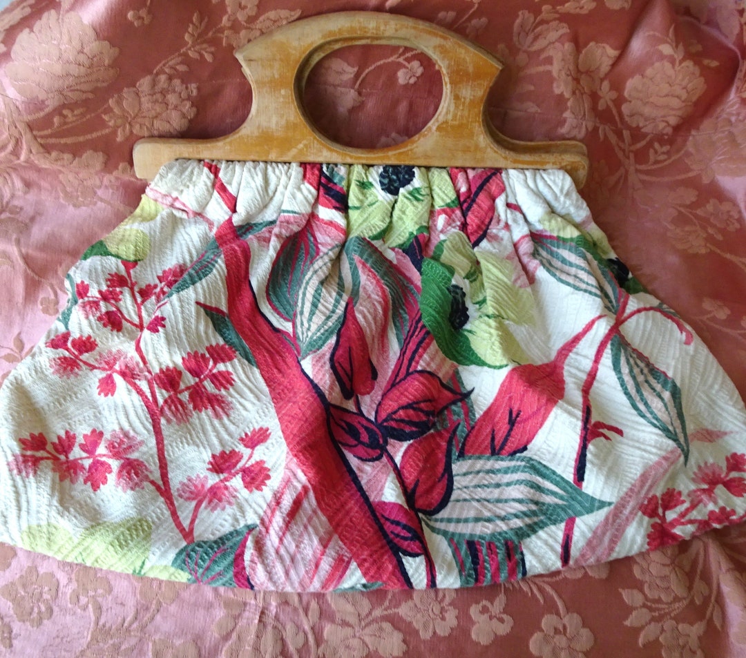 FABULOUS Vintage 1940s Barkcloth Purse Bag, Wooden Handles, Use as ...