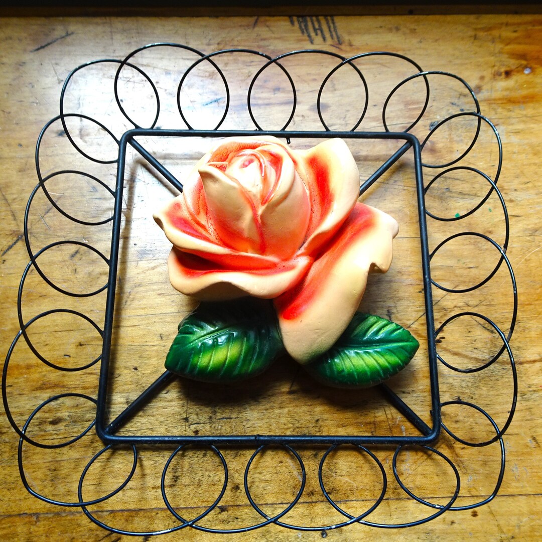 Atomic Age Plaster Wall Plaque, Peach Rose in Wire Frame, Decorative ...