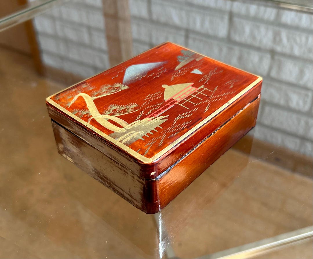 Vintage Asian Lacquer Trinket Box With Landscape Scene - Etsy