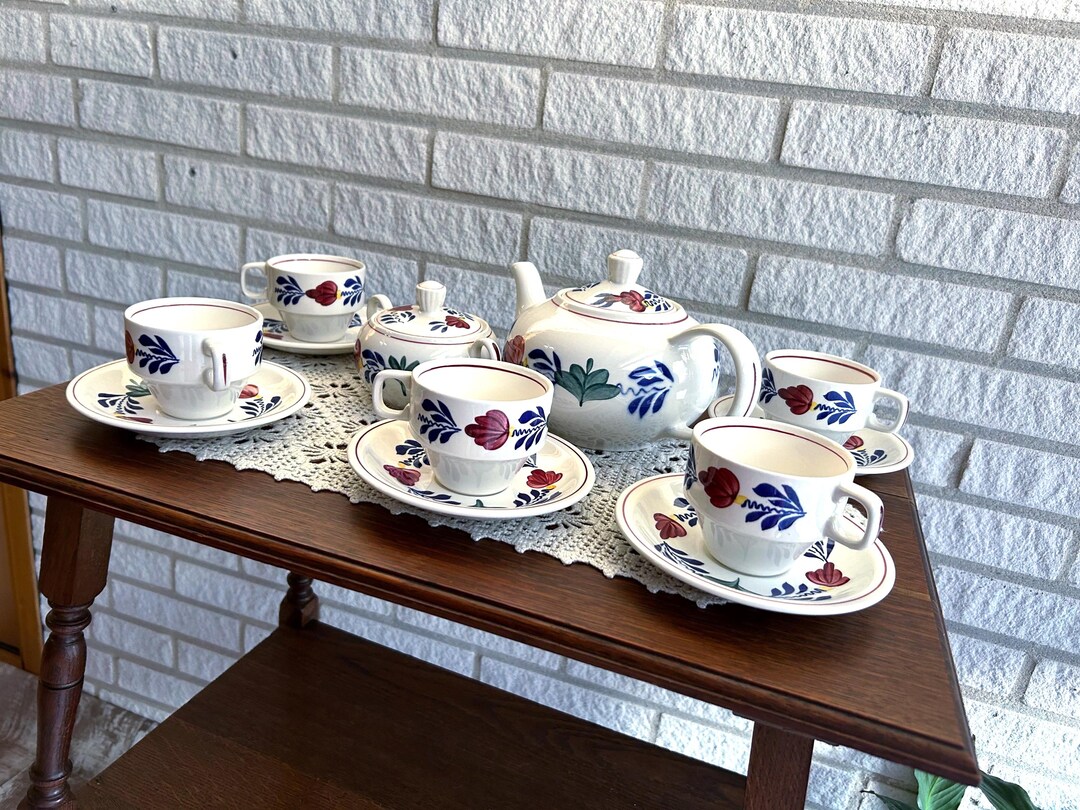 Boch Boerenbont Style Mixed Tea Set – Belgian Hand Painted Cups, Teapot ...