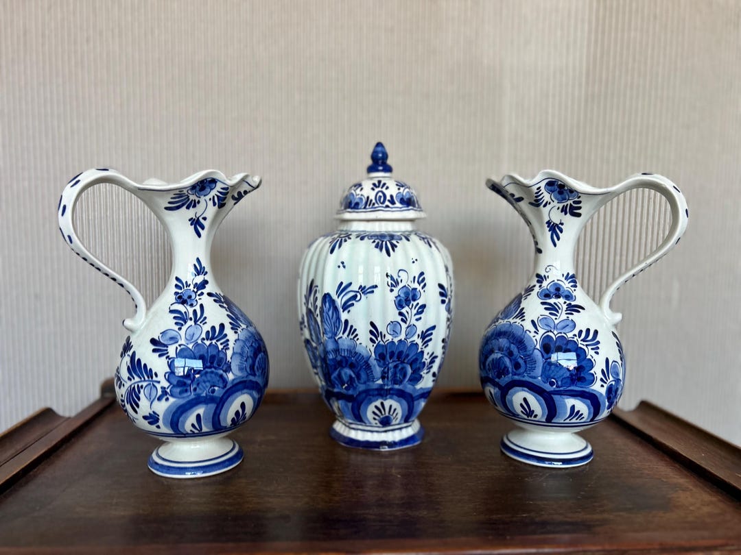 Delft Blue Pitchers and Lidded Jar Set — Hand-painted Dutch Ceramic ...