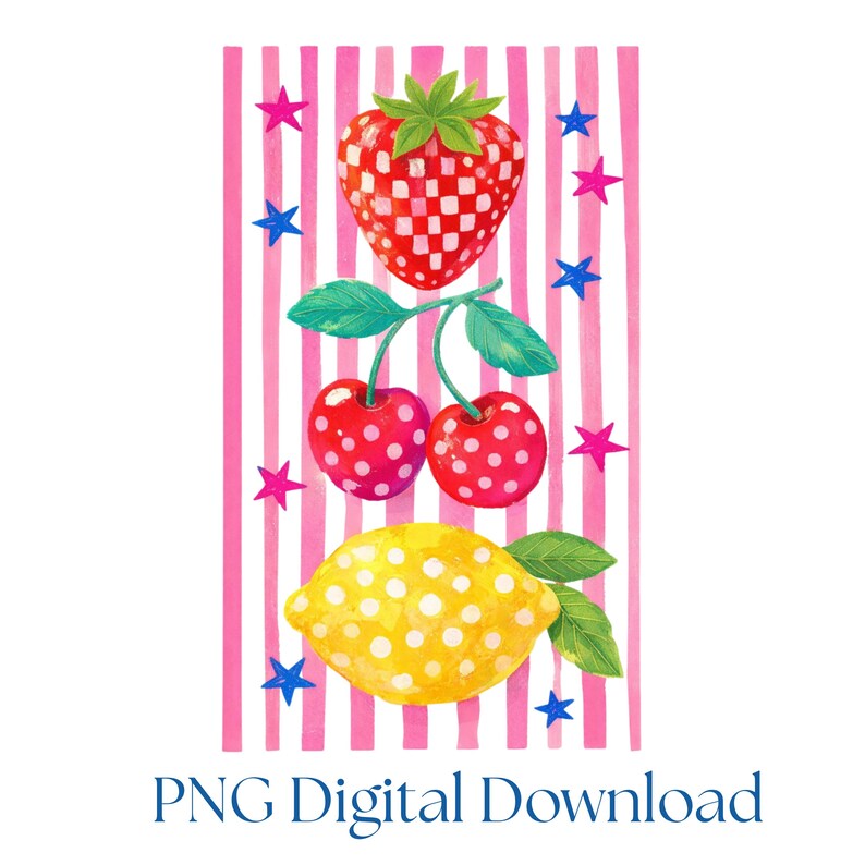 Preppy Fruit PNG Strawberry Cherry Lemon Summer Illustration Painted ...