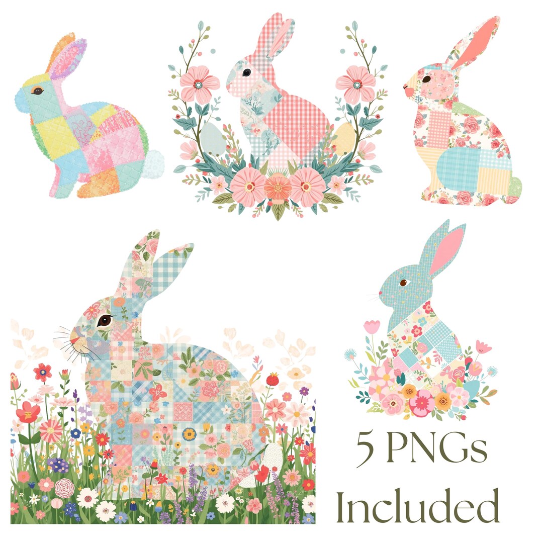 Easter Bunny Patchwork PNG Bundle Cottagecore Floral Clipart ...