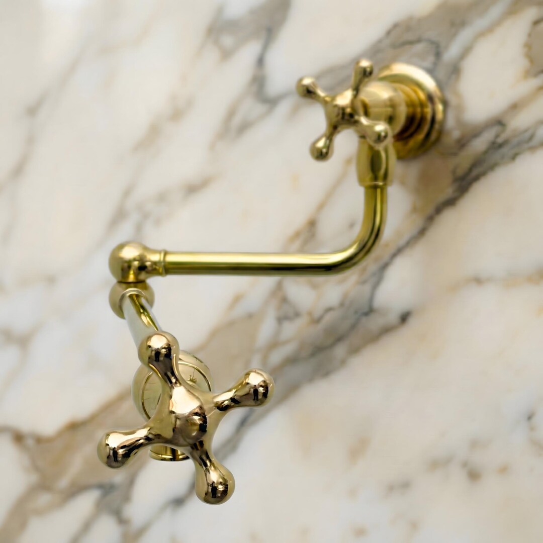 Unlacquered Brass Pot Filler With Cross Handles, Wall Mount Solid Brass ...