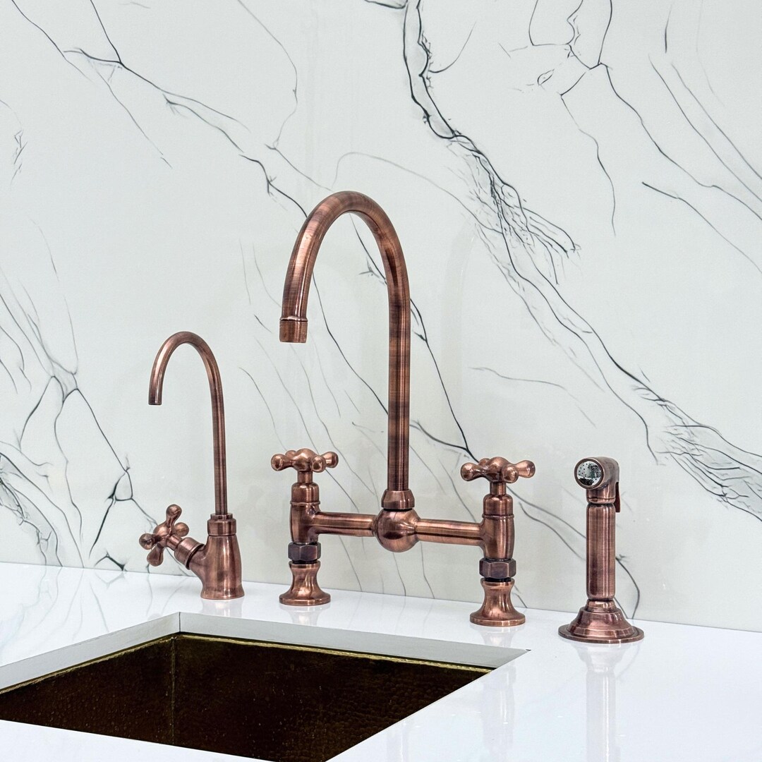 Antique Copper Bridge Kitchen Faucet With Sprayer, Cold Water Faucet ...