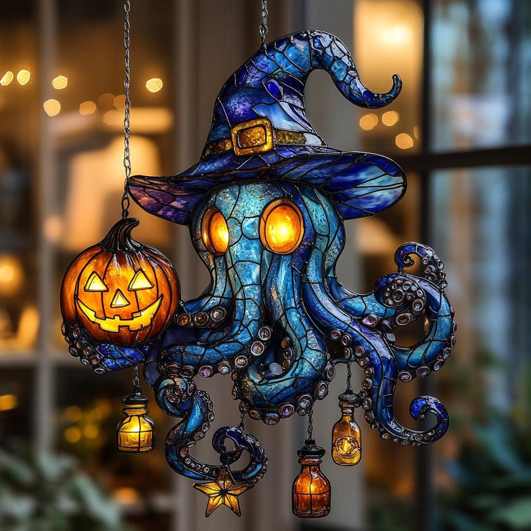 Acrylic Wizard Octopus Suncatcher – Blue Witch Hat Cephalopod With Jack ...
