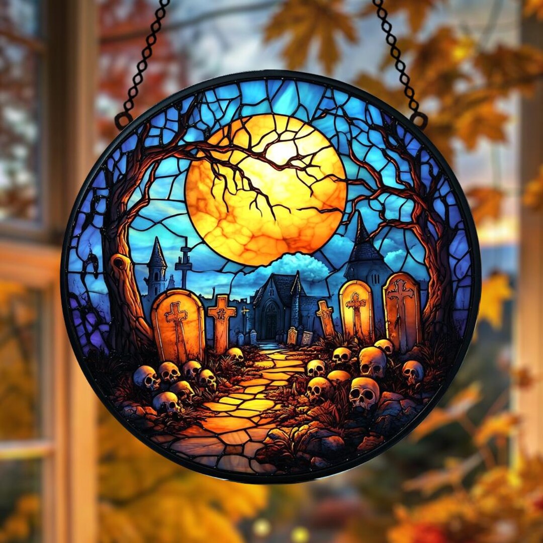 Full Moon Cemetery Acrylic Window Hanging, Gothic Graveyard Faux ...