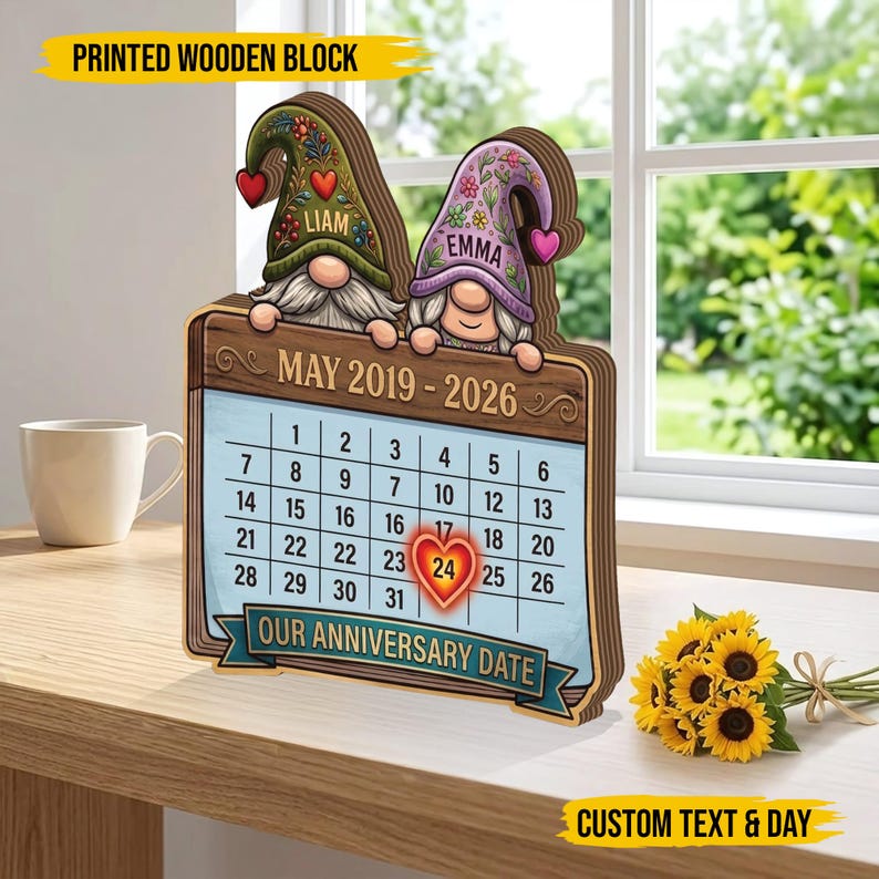 Personalized Gnome Anniversary Calendar Block, Custom Date Plaque, Wood ...