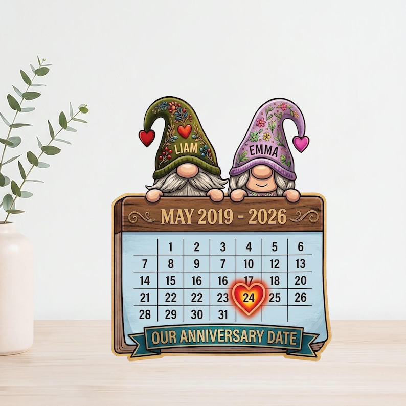 Personalized Gnome Anniversary Calendar Block, Custom Date Plaque, Wood ...