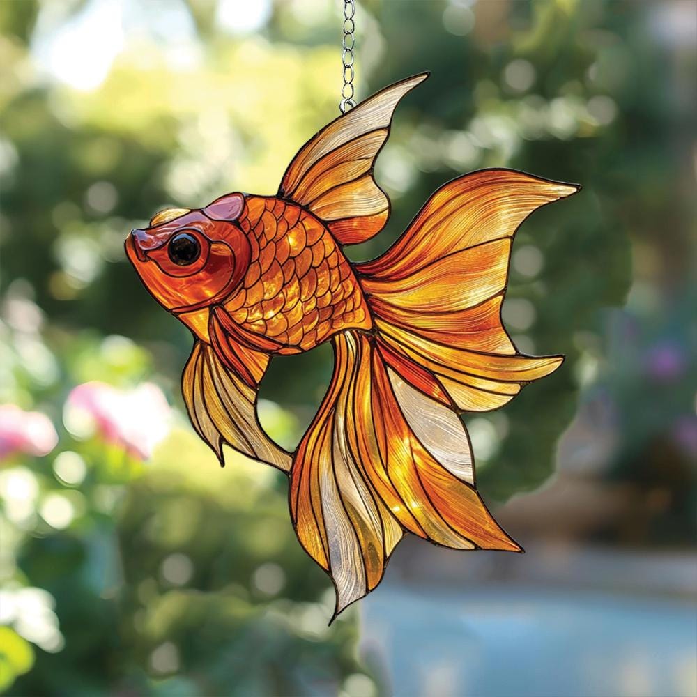 Goldfish Faux Stained Glass Suncatcher, Acrylic Fish Window Hanging for ...