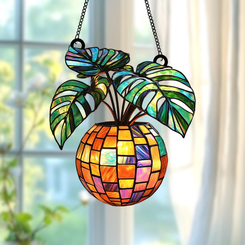 Monstera Mosaic Disco Ball Acrylic Window Hanging, Faux Stained Glass ...