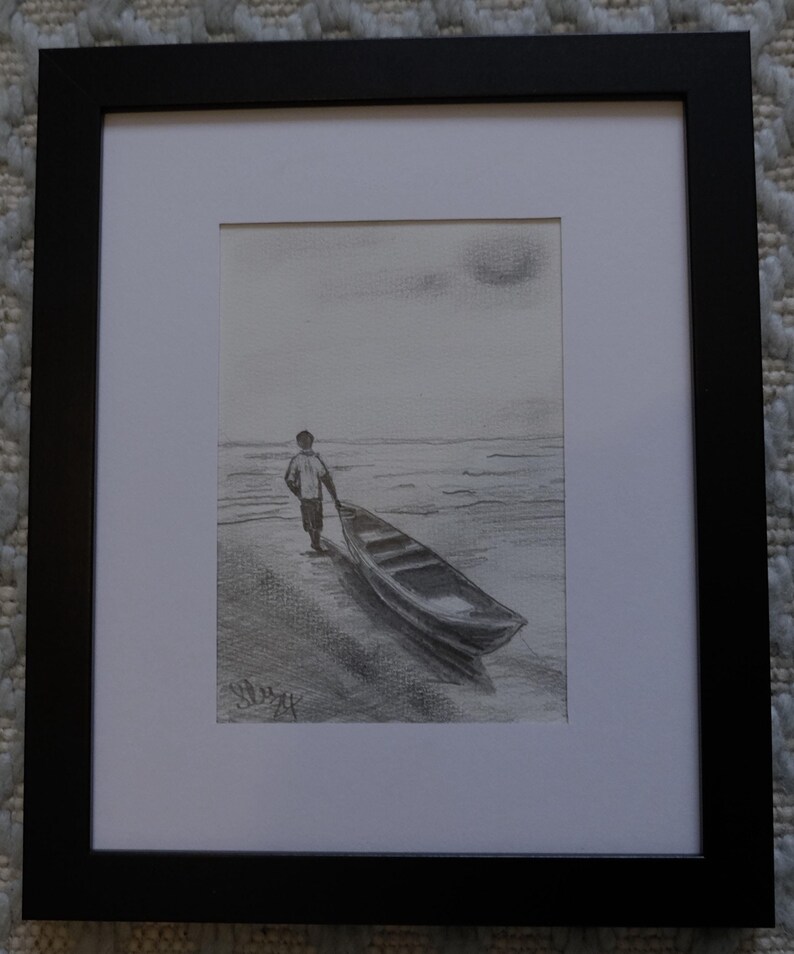Original Pencil Drawing Boy and Boat Pencil and Paper Art Illustration ...