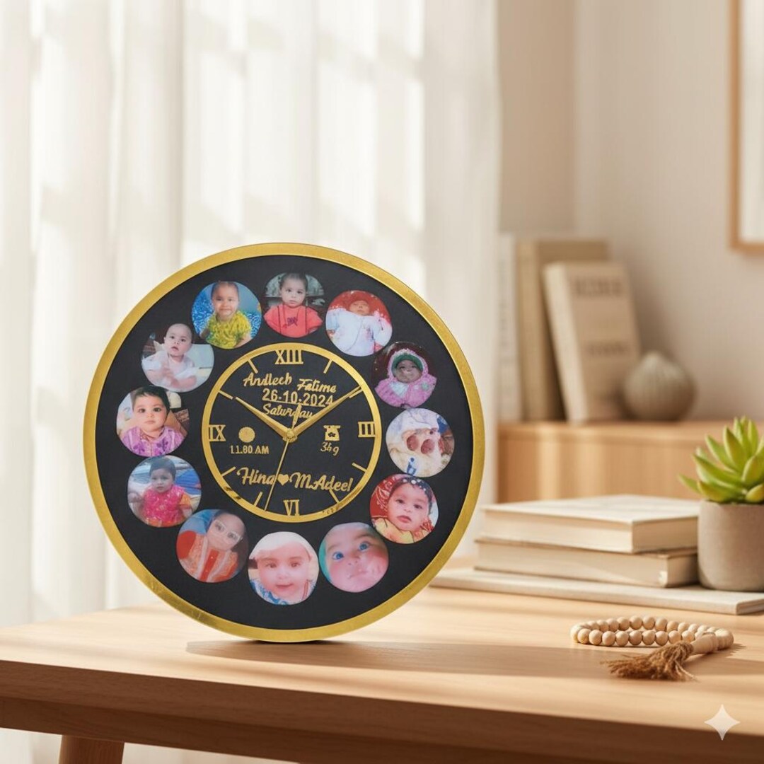 Personalised Photo Baby Milestone Wall Clock – Custom Family Name ...