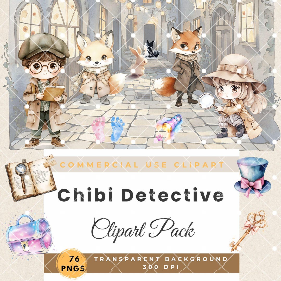 Chibi Detective Clipart Bundle | Kawaii Whimsical Watercolor Mystery ...