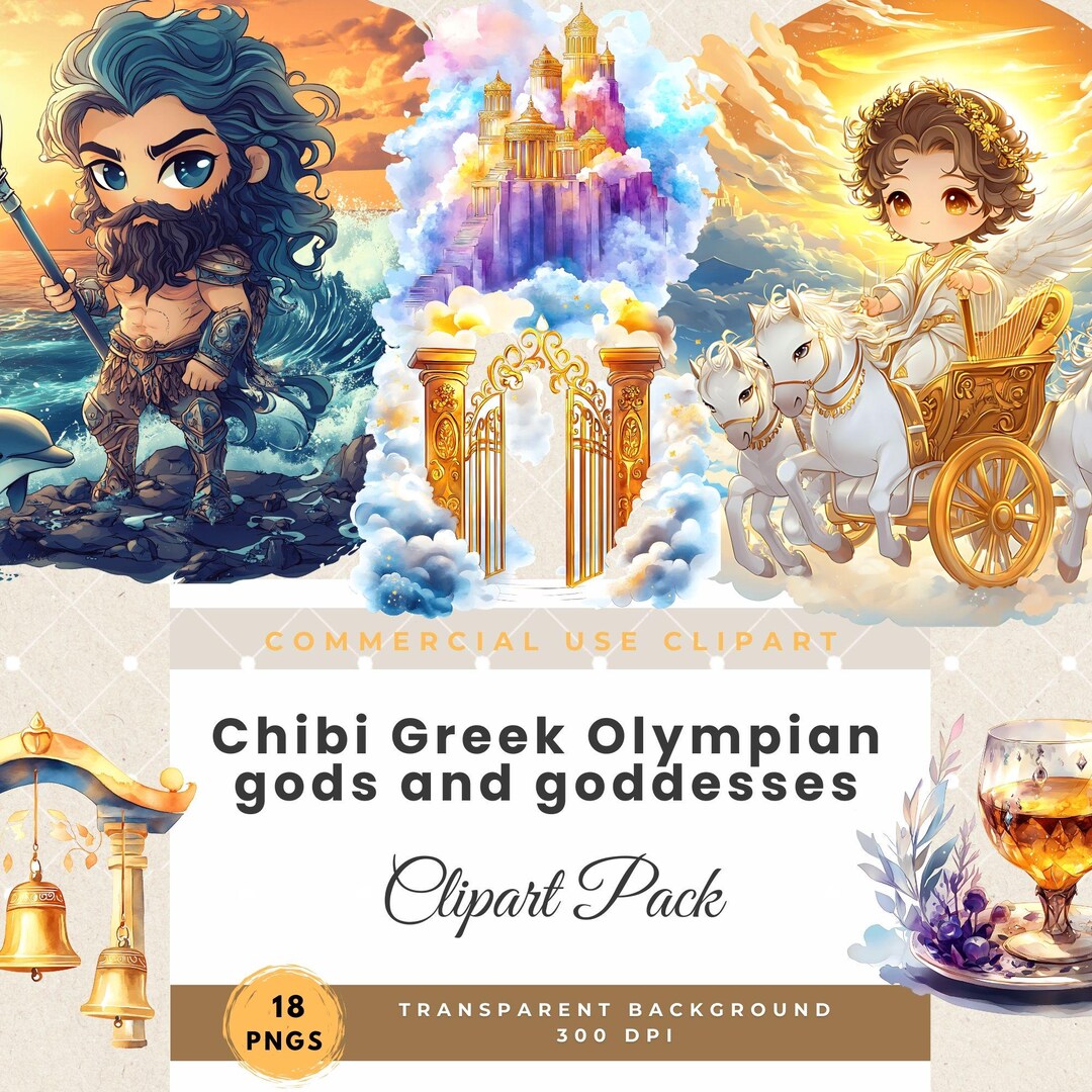 Chibi Greek Olympian Gods Clipart Bundle | 12 Cute Mythology Characters ...
