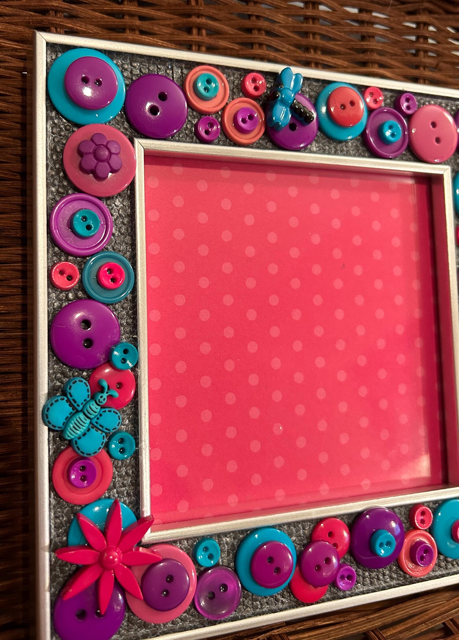 Button Photo Frame Flowers, Butterflies and Dragonfly! Pink Blue Purple ...