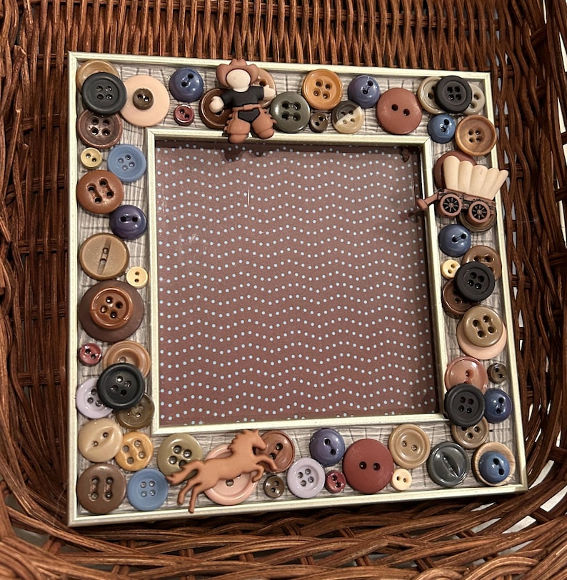 Little Cowboy or Cowgirl Button Frame Button Art, Gift, Unique Frame, Covered Wagon, Horses ...