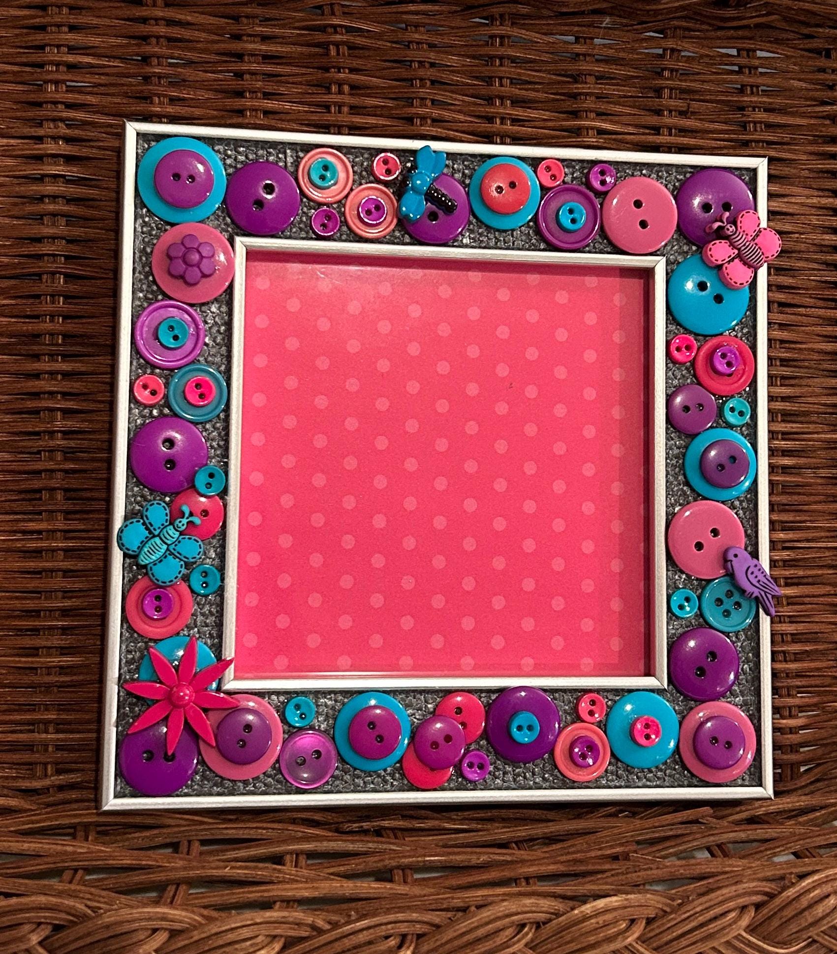 Button Photo Frame Flowers, Butterflies and Dragonfly! Pink Blue Purple ...