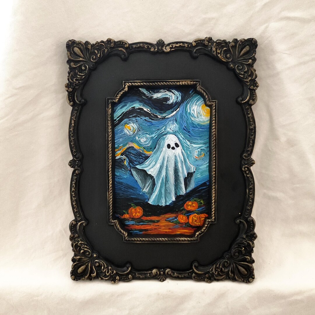 Starry Night Ghost Painting – Handmade Oil Painting, Vintage Frame ...