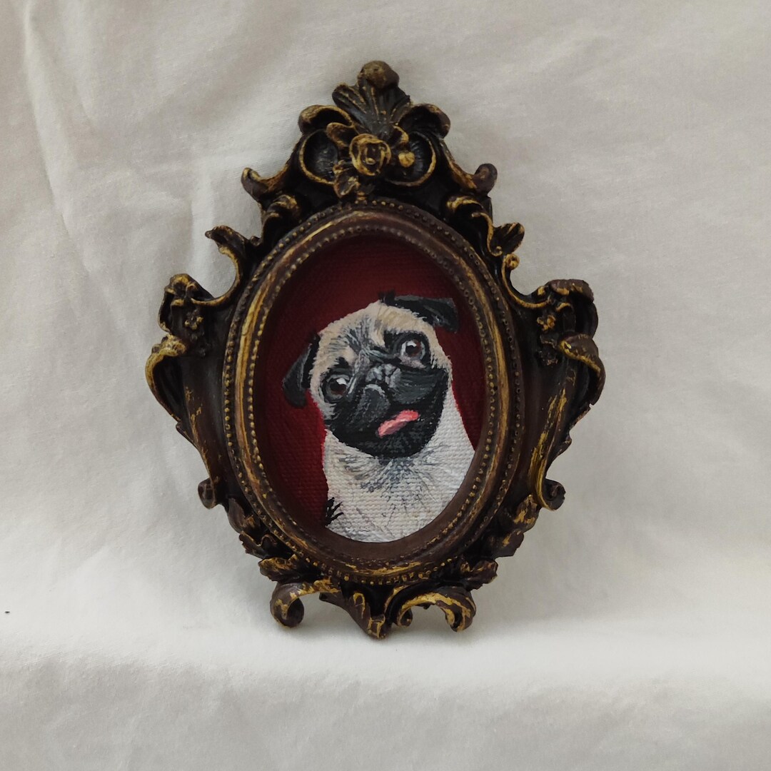 Pug Dog Oil Painting | Funny Pug Portrait in Vintage Gold Frame | Hand ...