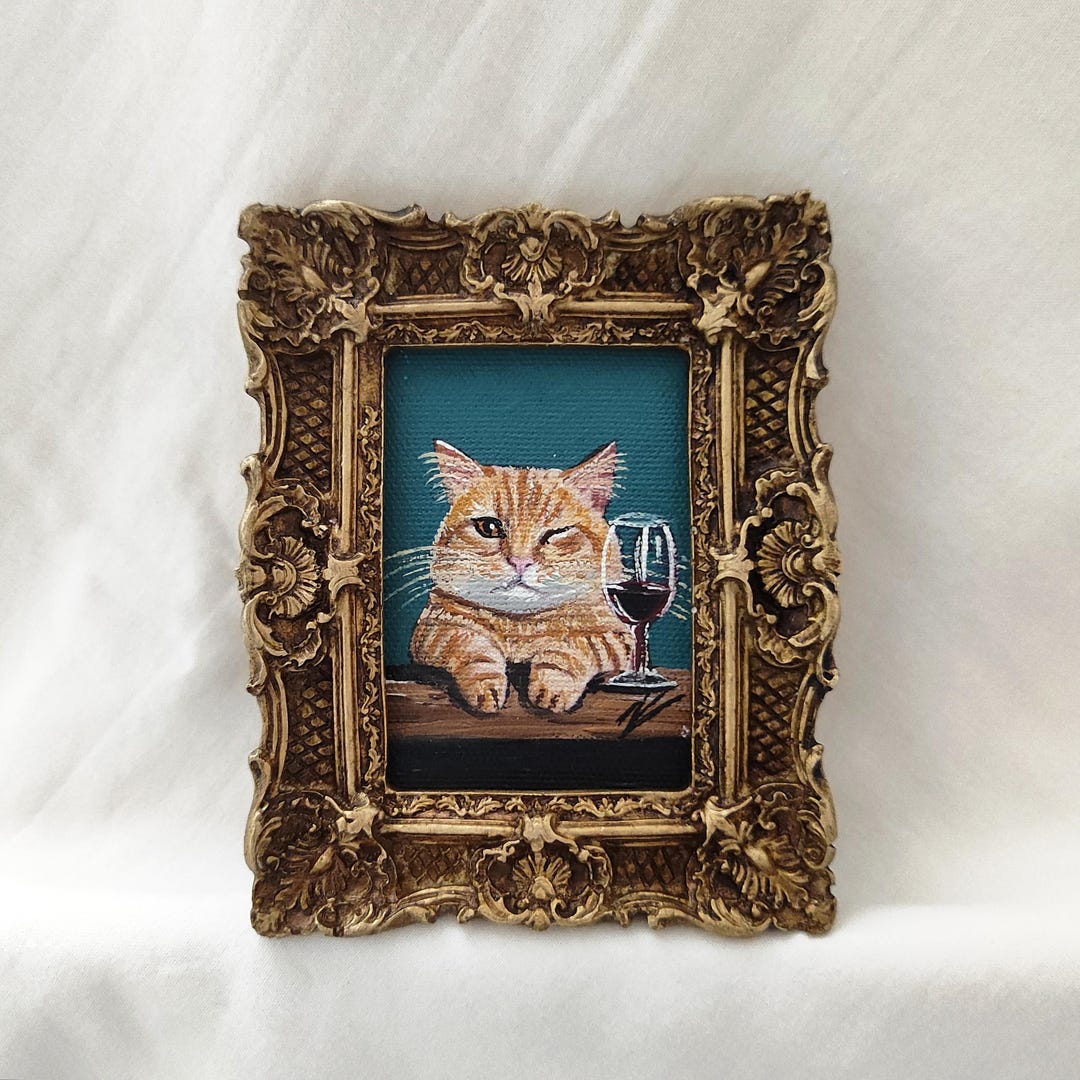 Winking Orange Tabby Cat With Wine Mini Oil Painting | Cute Vintage Cat ...