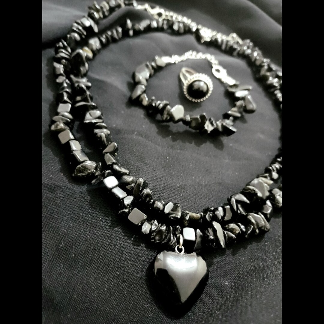 Obsidian Natural Stone Jewelry Set, Heart Obsidian Stone, Black Stone ...