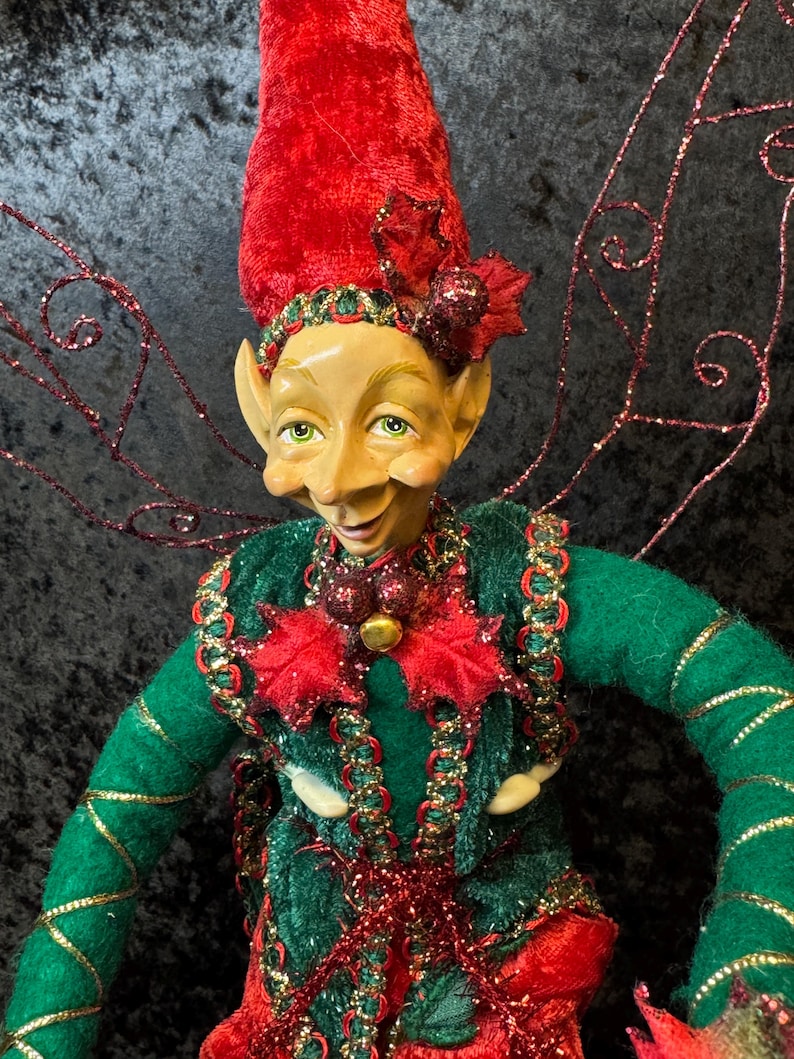 Vintage Large Christmas Elf Fairy Doll | Red Green Velvet Shelf Sitter ...