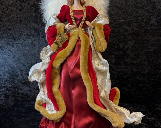 Vintage 20" Christmas Angel Tree Topper: Red Velvet Dress, Feather ...