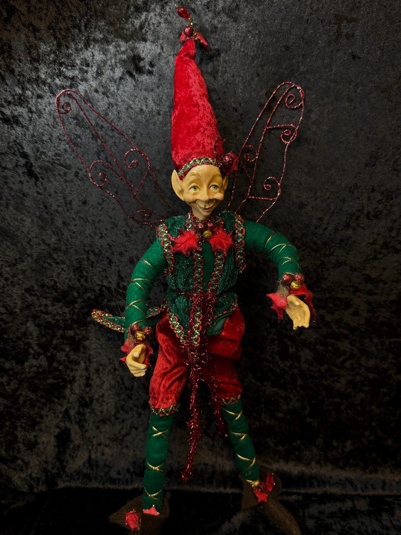Vintage Large Christmas Elf Fairy Doll | Red Green Velvet Shelf Sitter ...