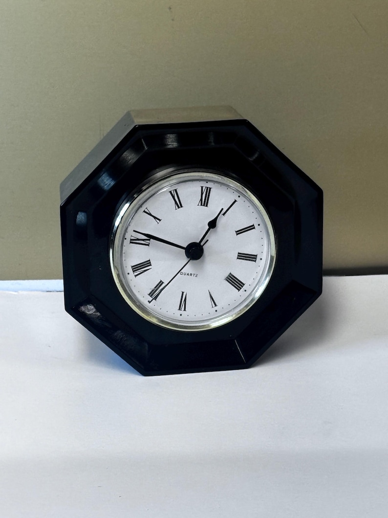Vintage Luminarc Black Faceted Glass Quartz Desk Clock | Octagonal Art ...