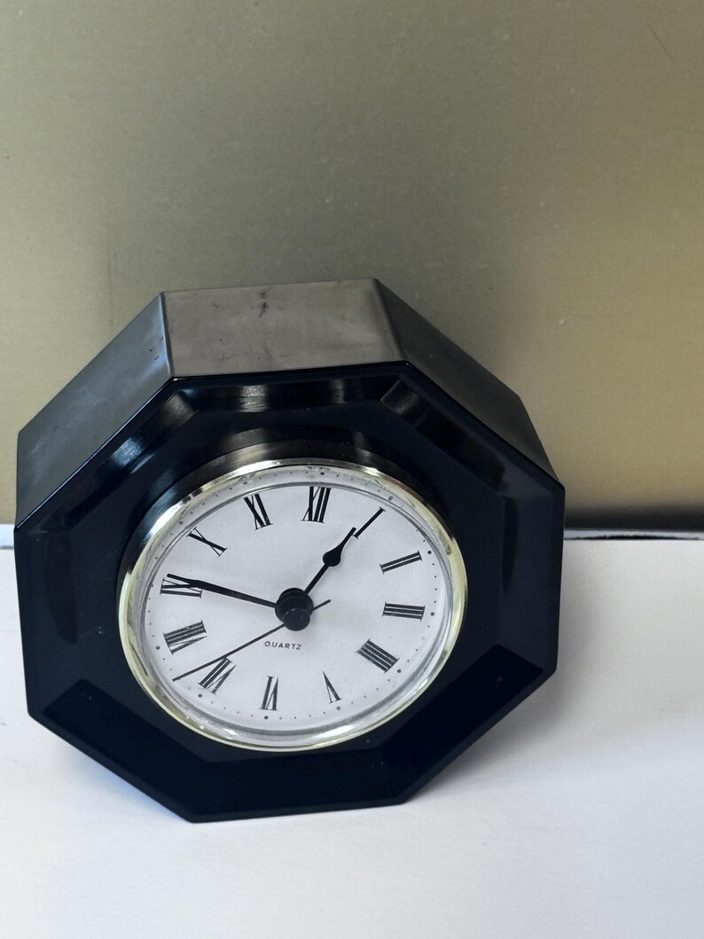 Vintage Luminarc Black Faceted Glass Quartz Desk Clock | Octagonal Art ...