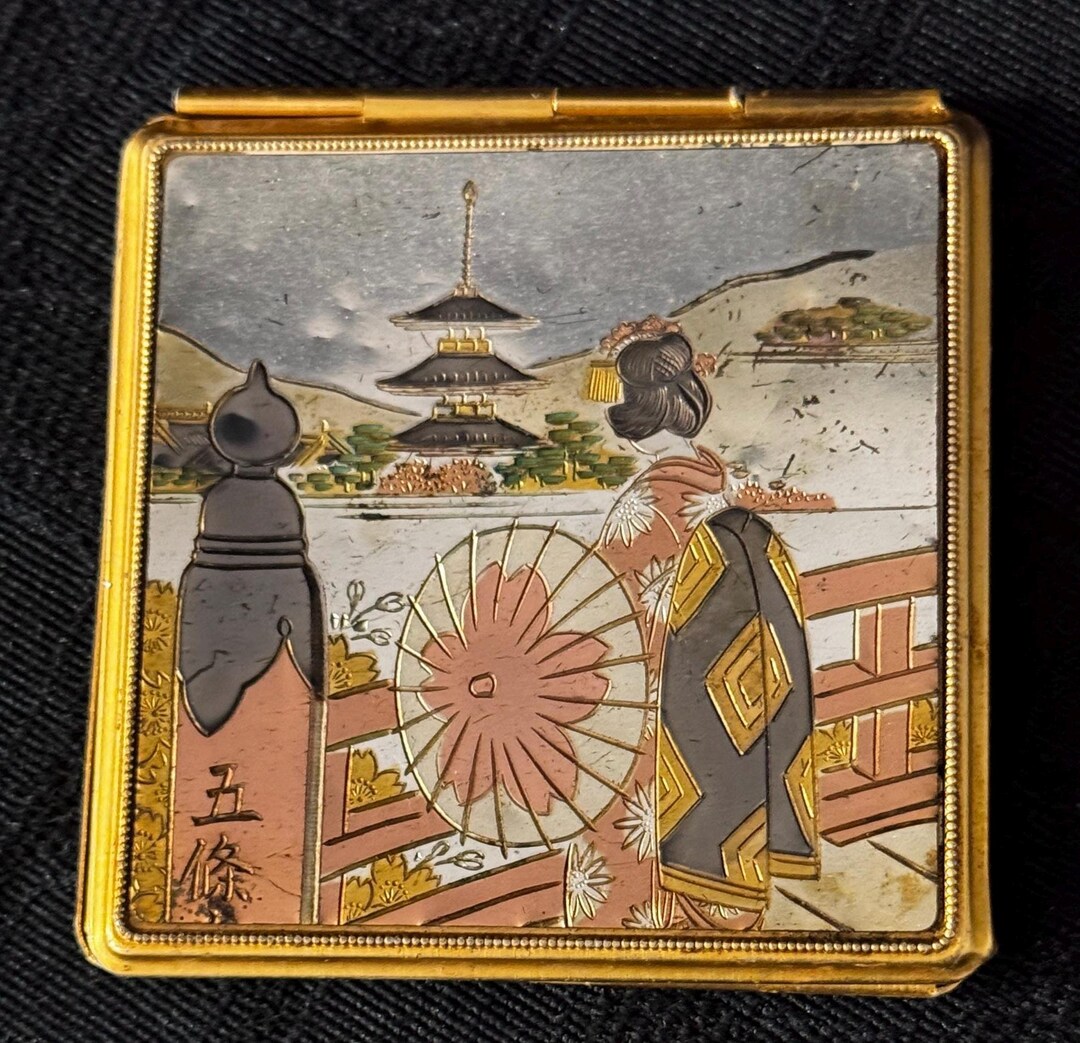 Vintage Japanese Chokin Art Portable Make-up Compact Square Double Side ...