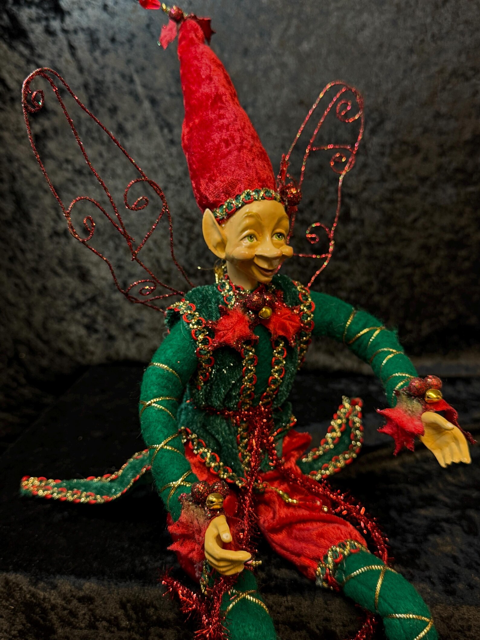 Vintage Large Christmas Elf Fairy Doll | Red Green Velvet Shelf Sitter ...