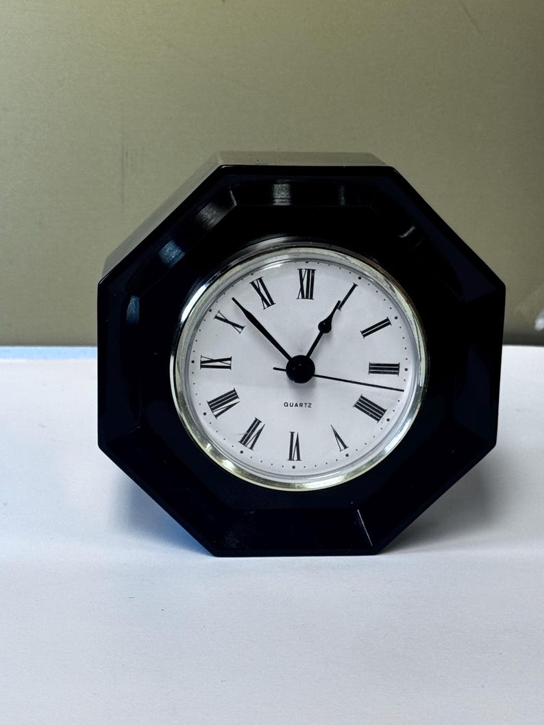 Vintage Luminarc Black Faceted Glass Quartz Desk Clock | Octagonal Art ...