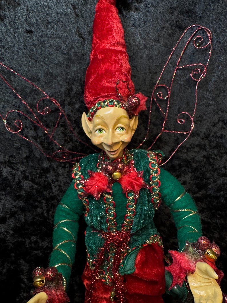 Vintage Large Christmas Elf Fairy Doll | Red Green Velvet Shelf Sitter ...