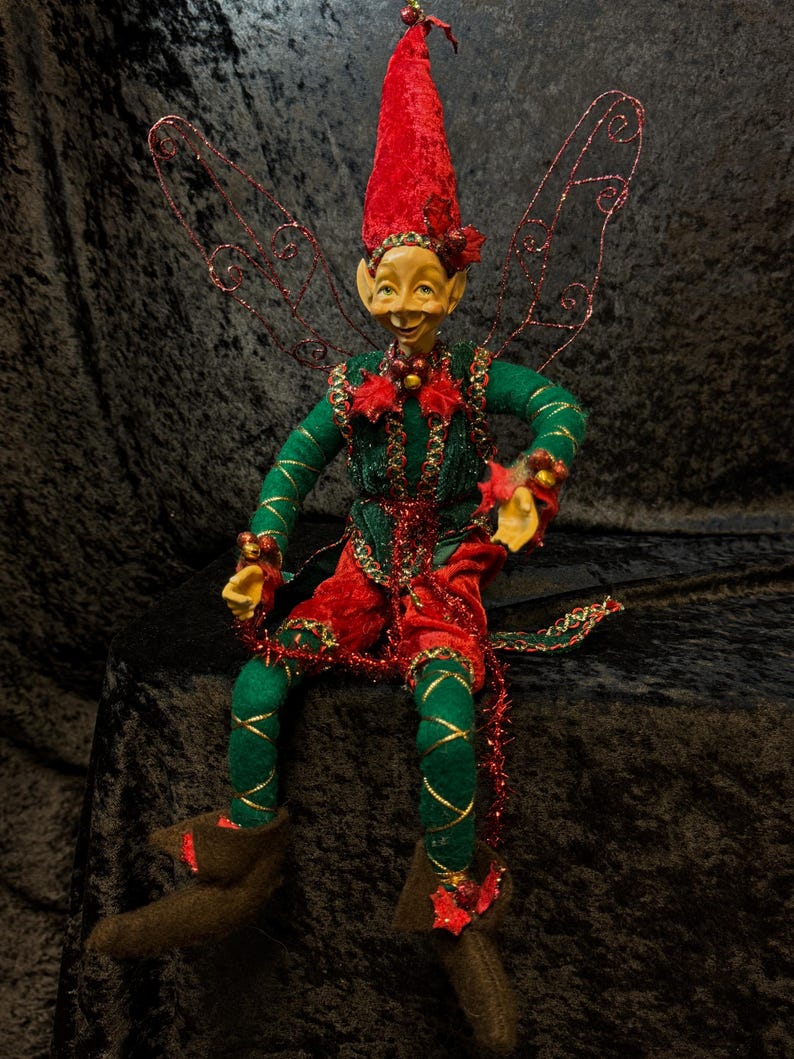 Vintage Large Christmas Elf Fairy Doll | Red Green Velvet Shelf Sitter ...
