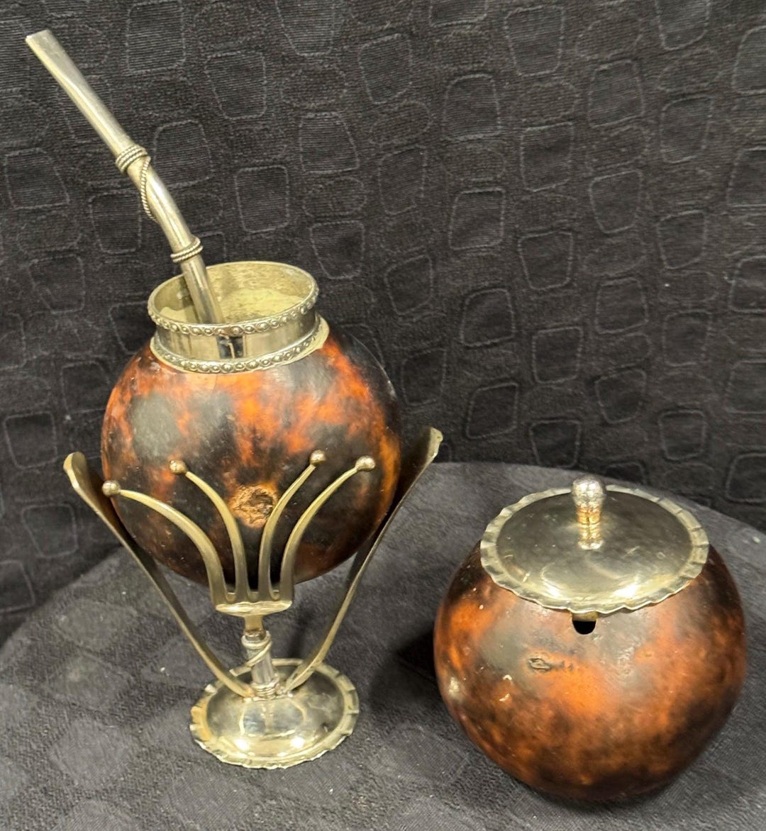 Antique Yerba Mate Tea Gourd Cup Stand With Second Cup & Lid Handmade ...