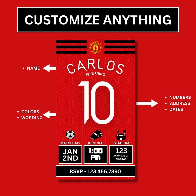 Editable Soccer Birthday Invitation Manchester United Theme Instant ...