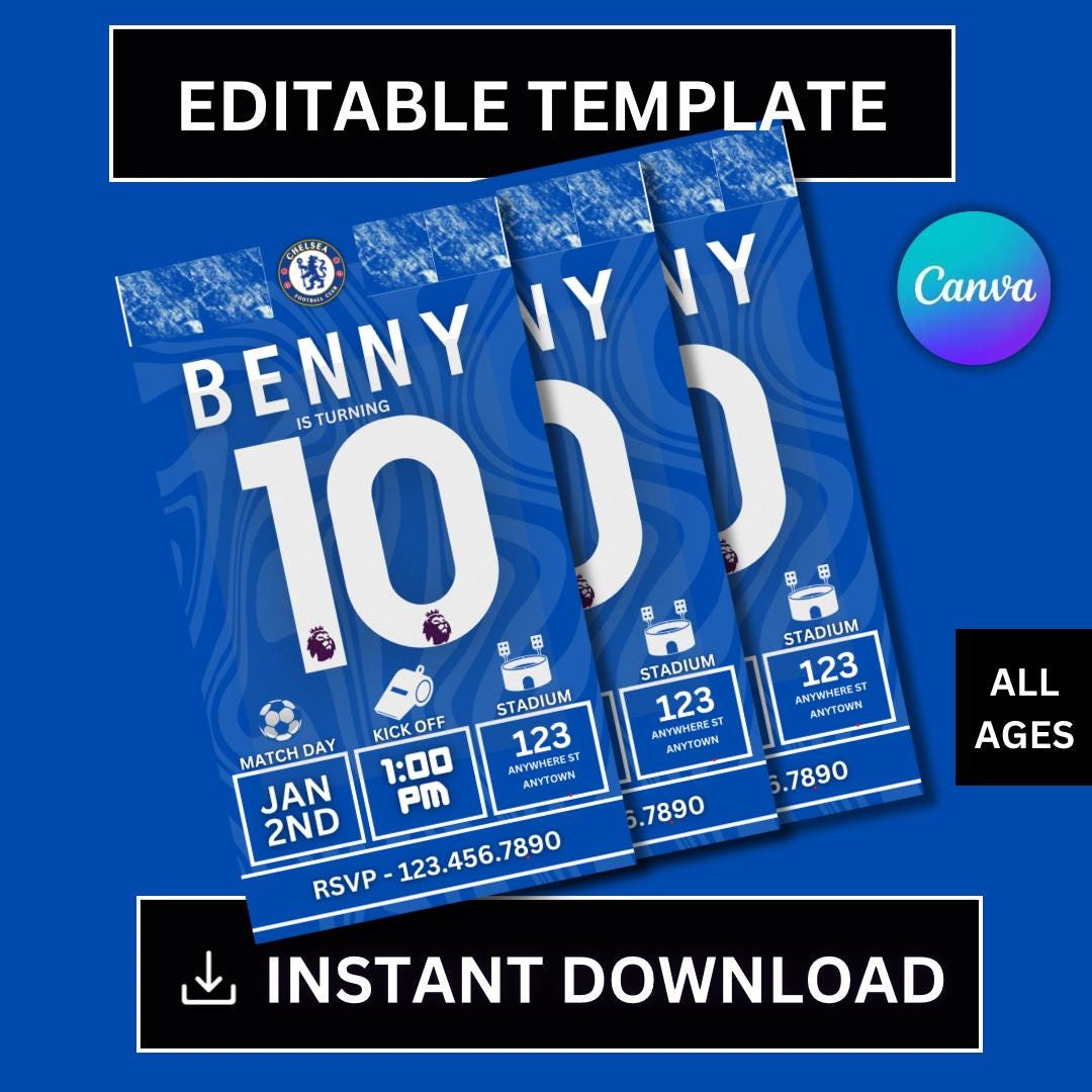 Editable Soccer Birthday Invitation | Chelsea Football Club Theme ...